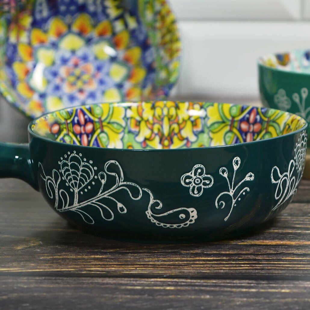 Кокотница керамическая «Arabesque» 16см с ручкой, цветочный узор, для запекания и подачи