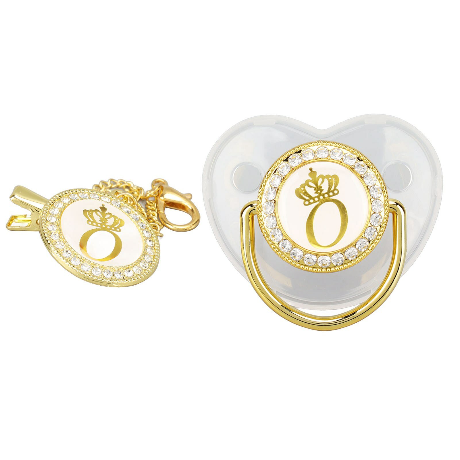 Детская соска-прорезыватель с золотыми стразами в виде букв на соске. Соска для крещения и купания малыша.