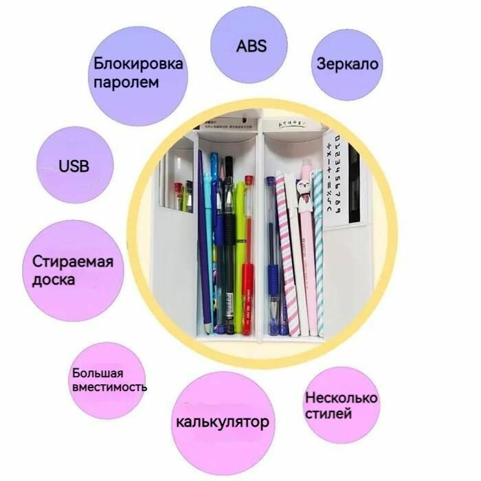 Пенал с паролем, калькулятор, маленькое зеркальце, стираемая доска, модный пенал