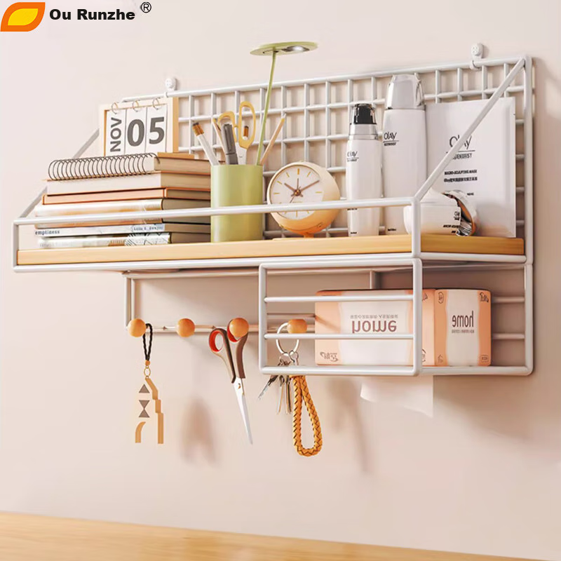 Ourunzhe Wall-Mounted Storage Rack, No Drilling Required, Bedroom Organizer for College Students, Bedside Shelf for Dormitory, Wall-Mounted Shelf with Tissue Holder