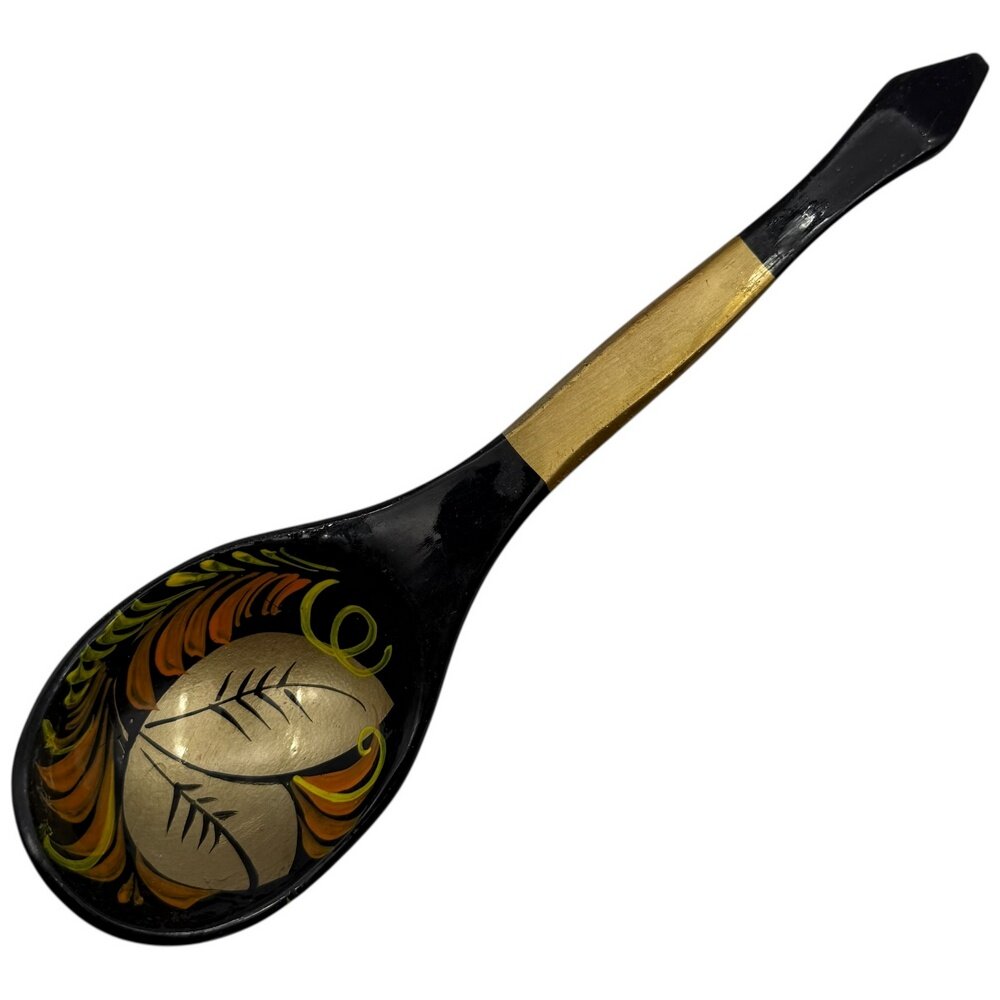 Хохломская роспись Ложка "Листок", 21 см, дерево, роспись, лак, 1990-2000 г, Семенов, Россия (Вид 1)