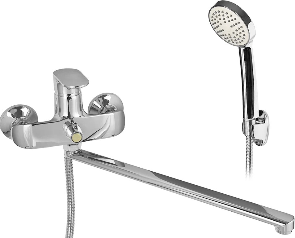 Смеситель с длинным изливом для ванны Wisent W22139 с душевым гарнитуром, поворотный, металлический, хром, глянцевый, смеситель для ванны с душем, рычажный, с настенным держателем