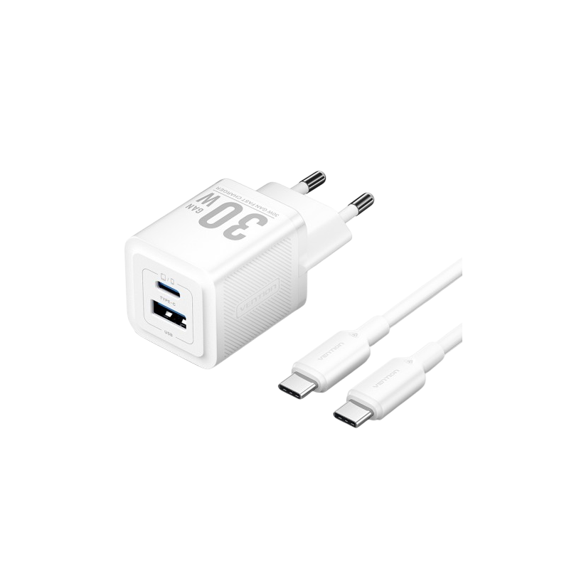 Vention Зарядное устройство Vention TZ-FEQW0-EU-01, 1xUSB, 1xType-C, QC3.0 (30Вт) + кабель Type-C, белый (ret)