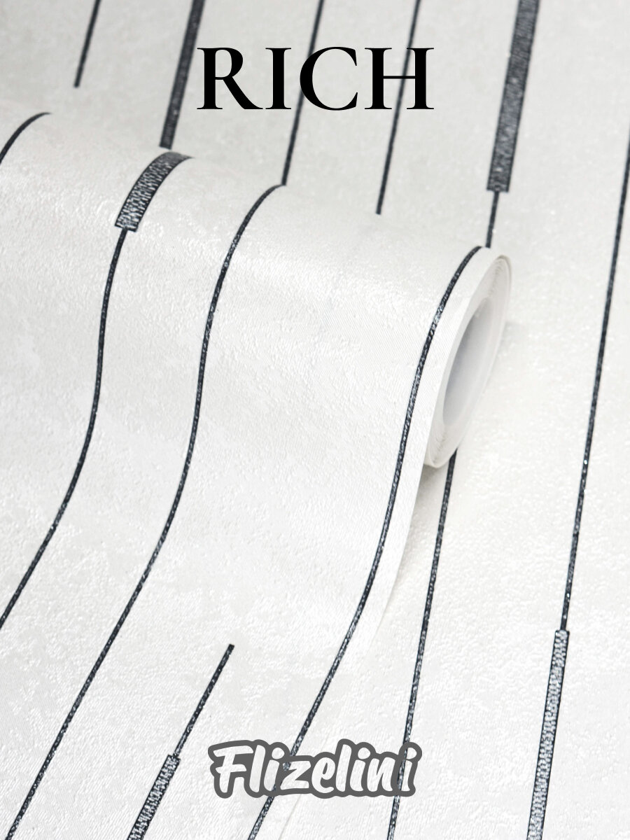 Обои виниловые флизелиновые, антивандальные, черные полоски на белом фоне, метровые, Rich (Flizelini, 2087-21)