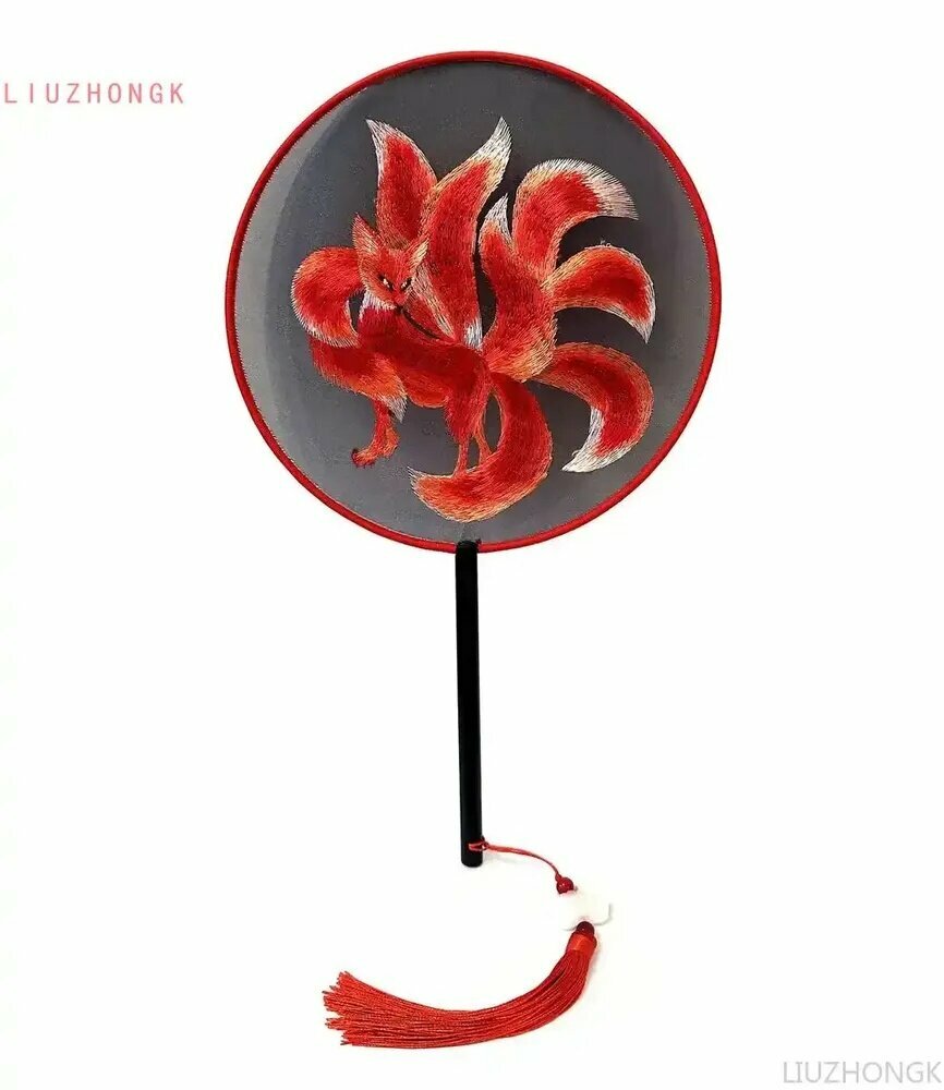 Веер круглый девятихвостый лис черный / Веер Утива в японском стиле / Китайский круглый опахало ханьфуLIUZHONGK