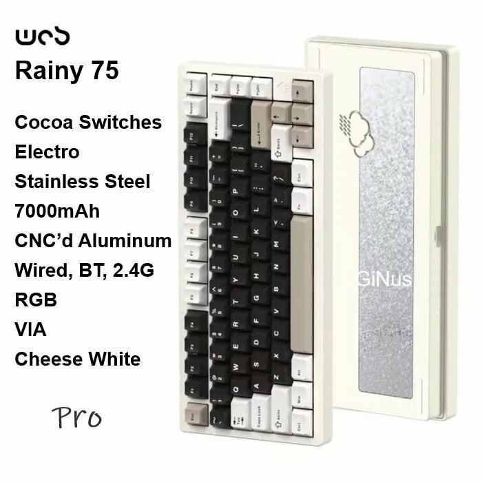 WOB Игровая клавиатура беспроводная Rainy75 Pro, CheeseWhite, RGB, CocoaSwitches, Electro, Английская раскладка, бежевый