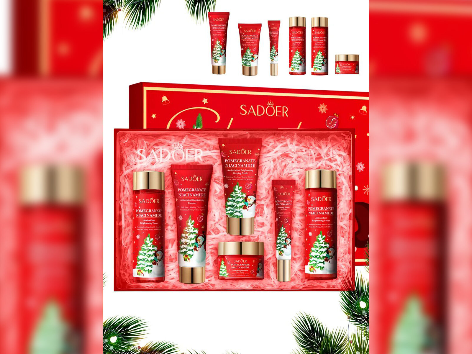 Подарочный новогодний антиоксидантный набор для лица SADOER из 6 предметов с гранатом и ниацинамидом