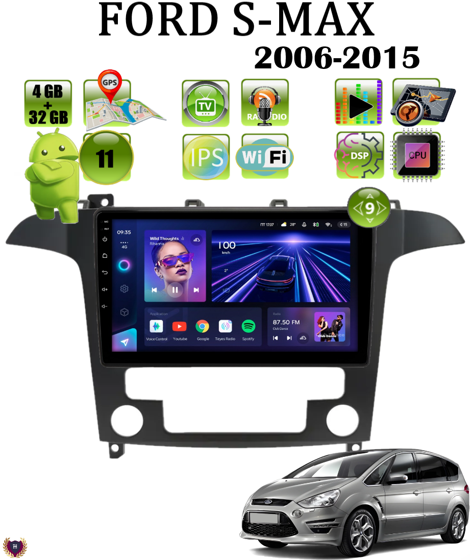 Автомагнитола для Ford S-Max (2006-2015) климат, Android 11, 4/32 Gb, Wi-Fi, Bluetooth, CarPlay, GPS, поддержка кнопок на руле