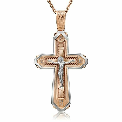 Крестик, комбинированное золото, 585 проба, родирование