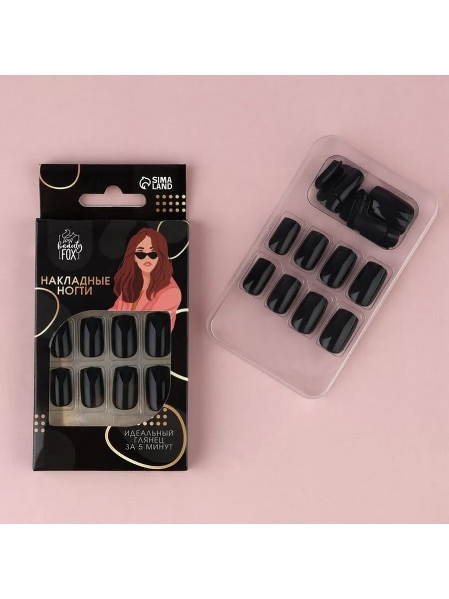 Глянцевые квадратные накладные ногти черные