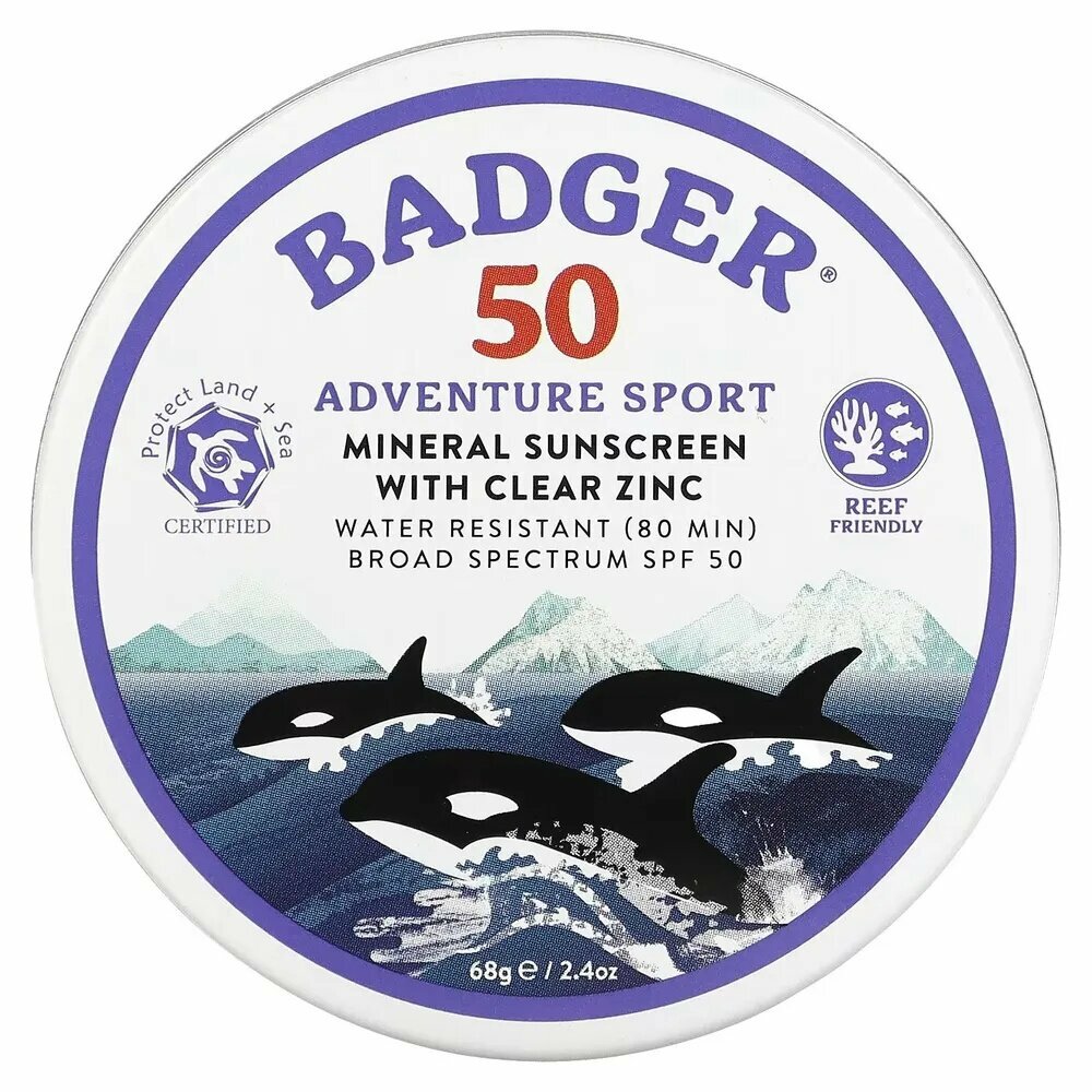 Badger, Adventure Sport, Крем солнцезащитный SPF 50 минеральный без запаха гипоаллергенный с прозрачным цинком от загара защита от солнца, 68 г