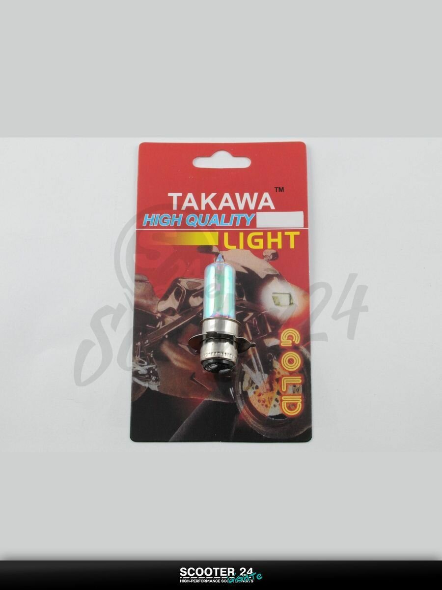 Лампа фары P15D-25-3 (3 уса) 12V 18W/18W для мототехники универсальная (хамелеон радужный) (блистер) "TAKAWA" (mod: A)