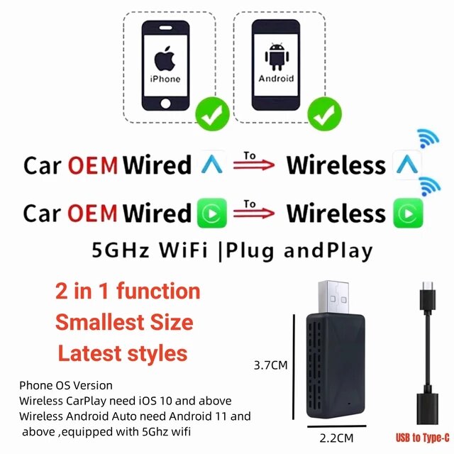 Беспроводной адаптер CarPlay Android Auto 2-в-1 Smart Dongle 2024 5G WIFI для iPhone, телефонов Android, Volvo, Mercedes-Benz, MG, Kia, Chery и Volkswagen