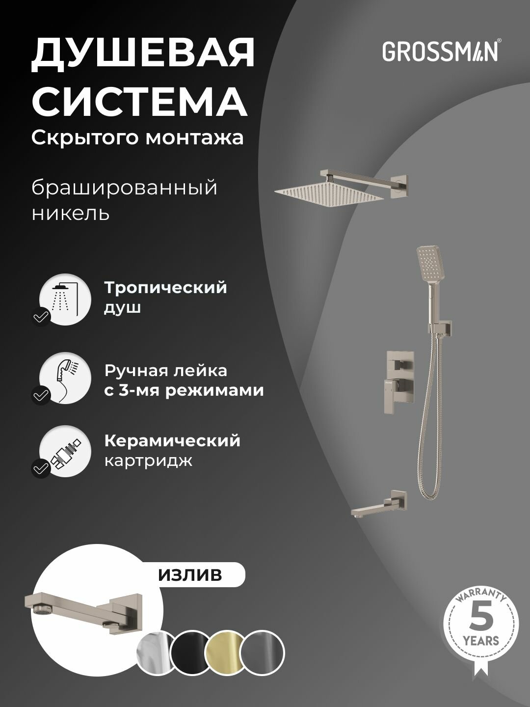 Душевая система скрытого монтажа Grossman Style брашированный никель