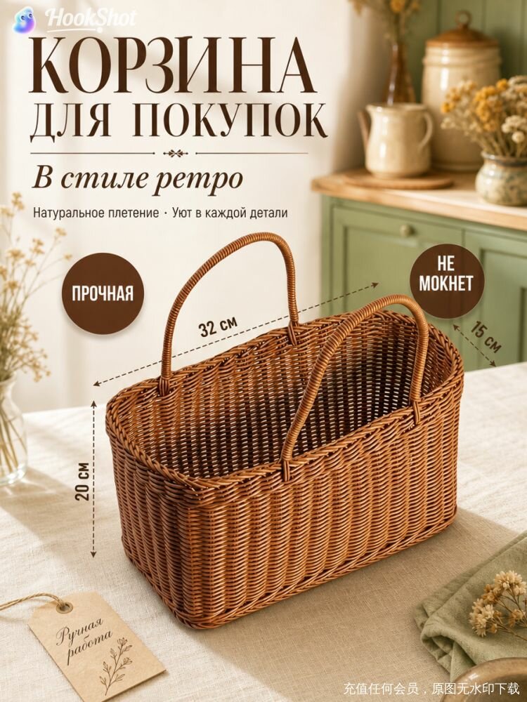 Корзина для хранения длина 35 см, ширина 15 см, высота 20 см, 1 шт, коричневый прямоугольная компактная для дома для полки