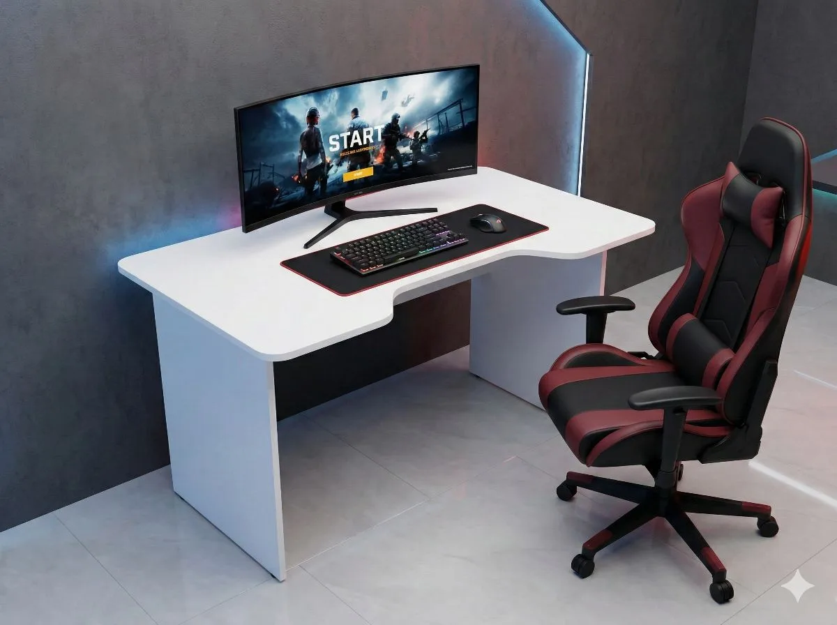 Стол компьютерный игровой, белый ЛДСП/белый кант,130Х75Х78 СМ