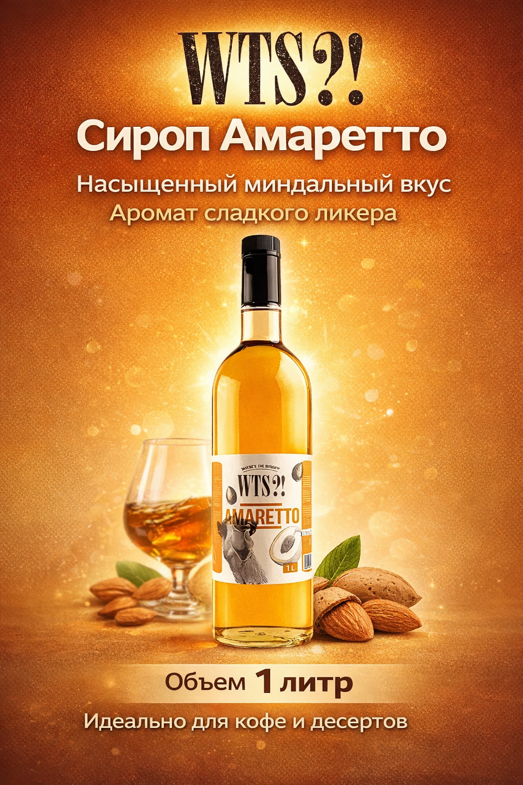 Сироп WTS! Amaretto Амаретто для кофе, коктейлей, десертов, лимонада и мороженого 1 л