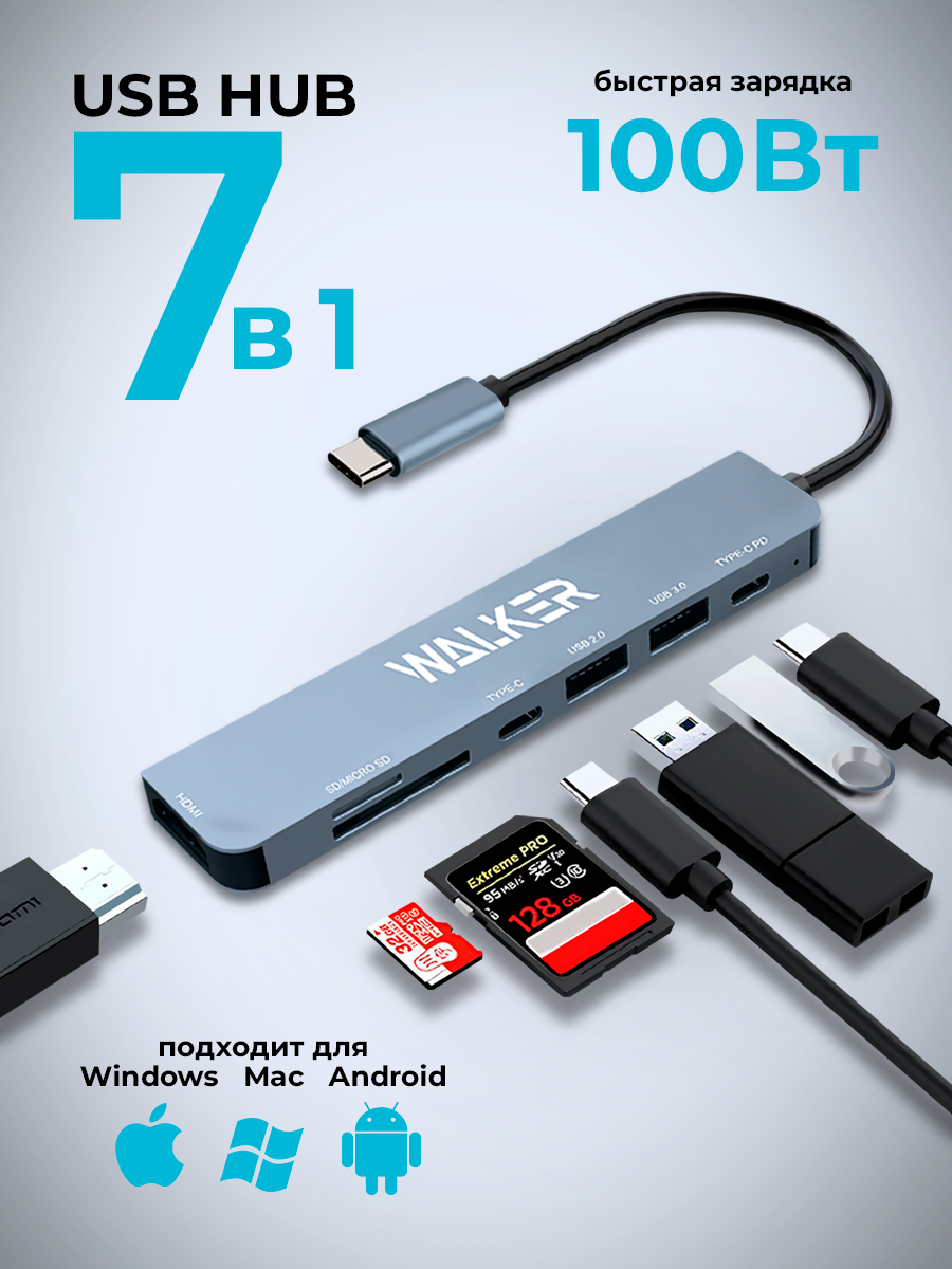Разветвитель USB HUB 7 в 1, 2 USB, 2 type c, SD, Micro SD, HDMI 4К, быстрая зарядка 100 Вт, usb концентратор для macbook, hub с внешним питанием, серый