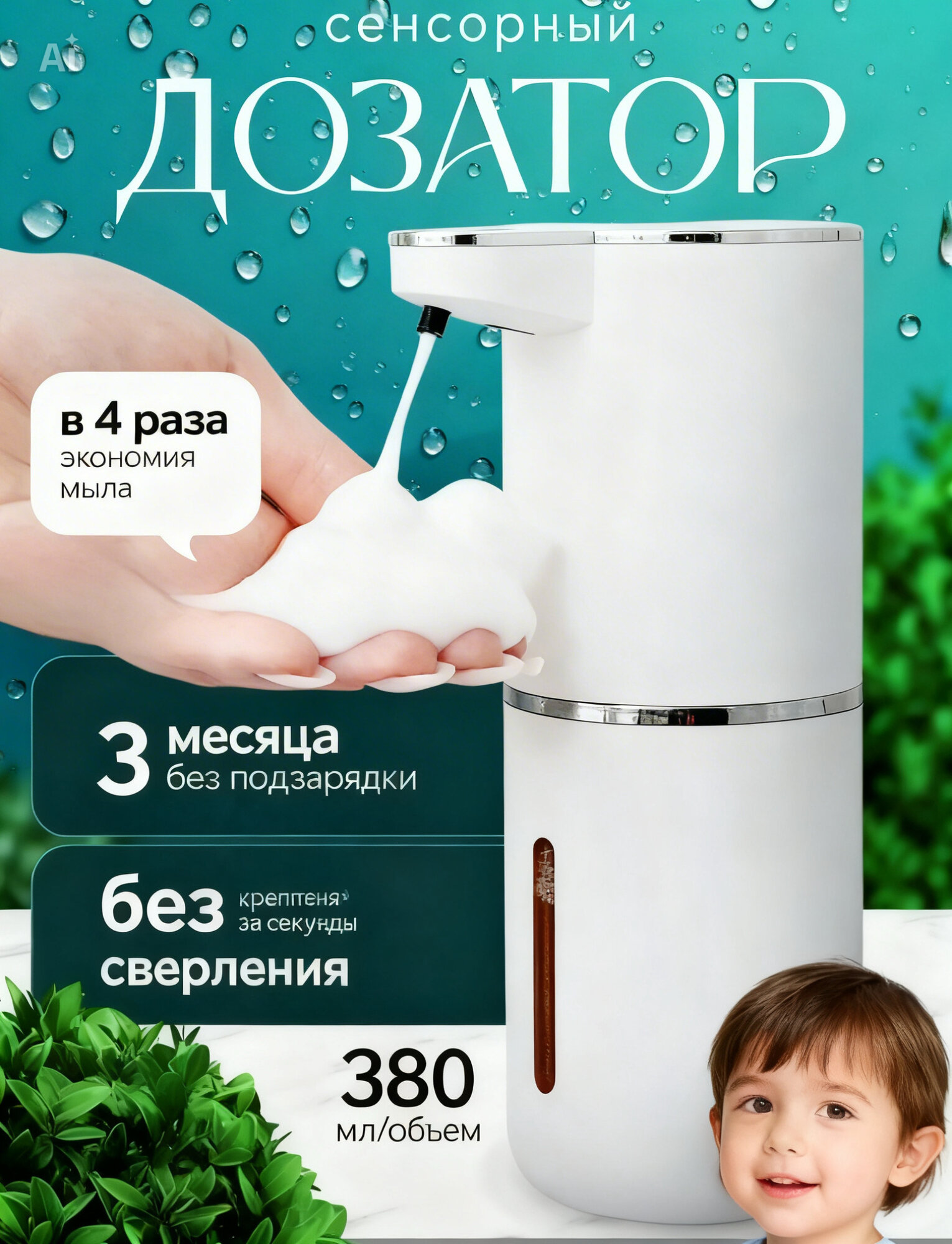 Сенсорный дозатор, настенный диспенсер для жидкого мыла для ванной, 390 мл