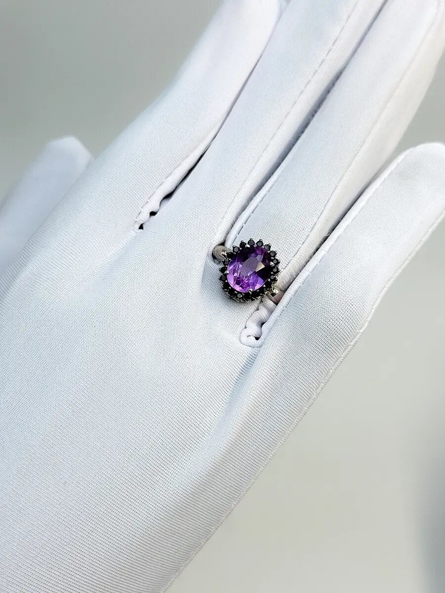 Кольцо, серебро, 925 проба, родирование, чернение, аметист, шпинель