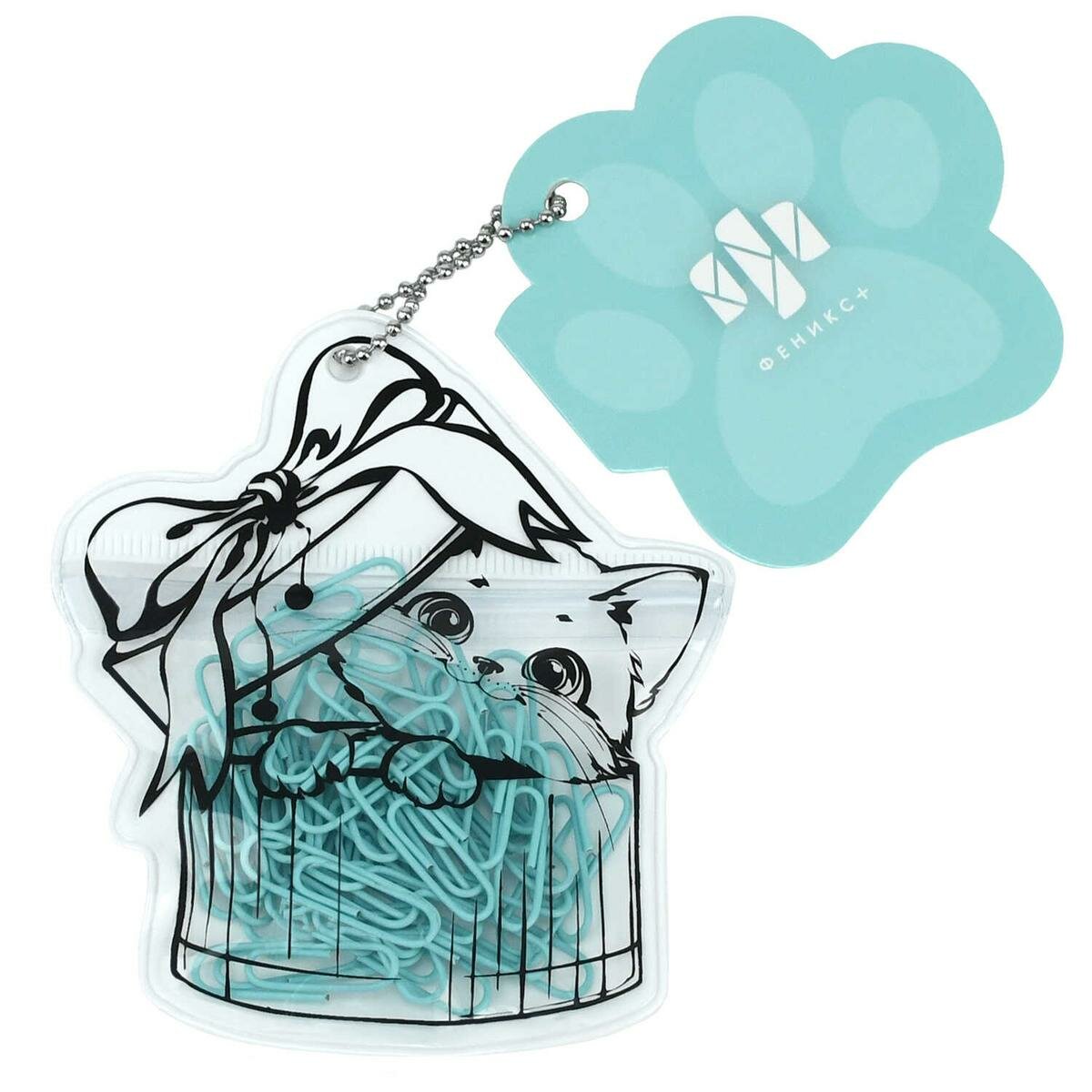 Скрепки канцелярские набор 40 шт, 28 мм, металл с пвх, мятный, серия "котенок в коробке"