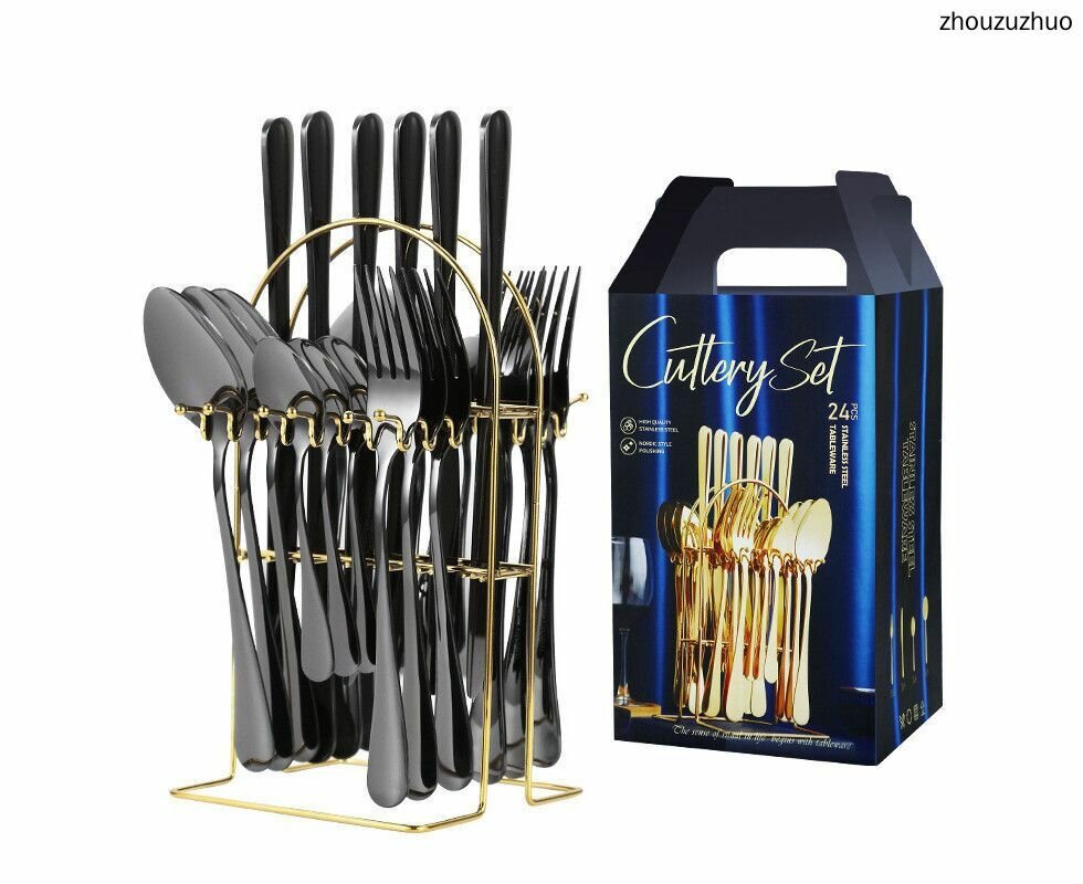 Набор столовых приборов из нержавеющей стали с держателем для ножей - черный (24 предмета)