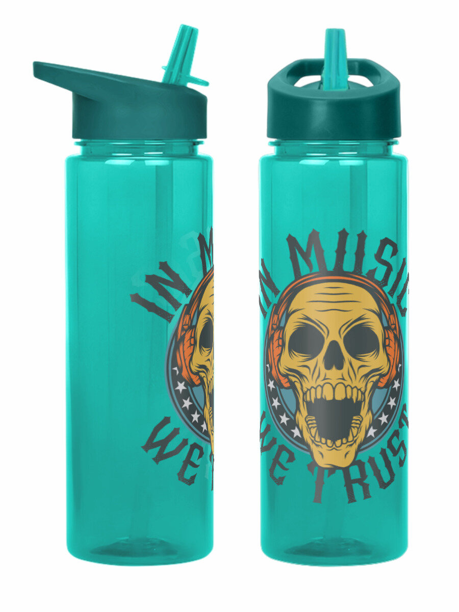 Бутылка бирюзовая для воды с принтом Череп в наушниках, Мы верим в музыку. Скелет, рок