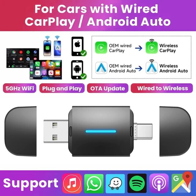 Беспроводной адаптер CarPlay Android Auto с двумя интерфейсами, Wi-Fi 5 ГГц, мини-бокс для быстрого и универсального подключения.