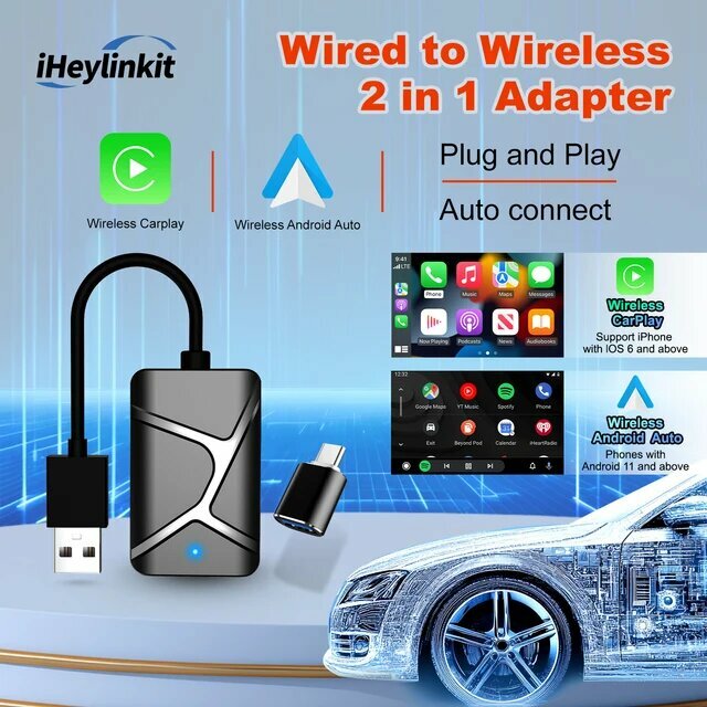 Новый беспроводной адаптер iHeylinkit 2-в-1 для CarPlay и Android Auto отличается автоматическим подключением, функцией Plug and Play и интерфейсом Type-C/USB, подходящим для подключения к автомагнитолам.