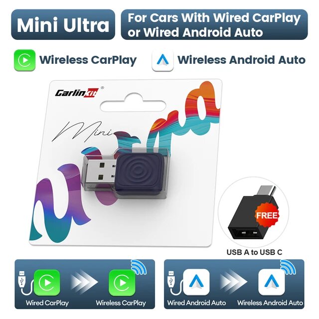 Адаптер CarlinKit Mini Ultra/Mini 5 Pro 2026 года, подключаемый по проводу к беспроводной сети, поддерживает беспроводное соединение Android Auto, Wi-Fi и Bluetooth, а также может беспроводным способом подключаться к блокам CarPlay.