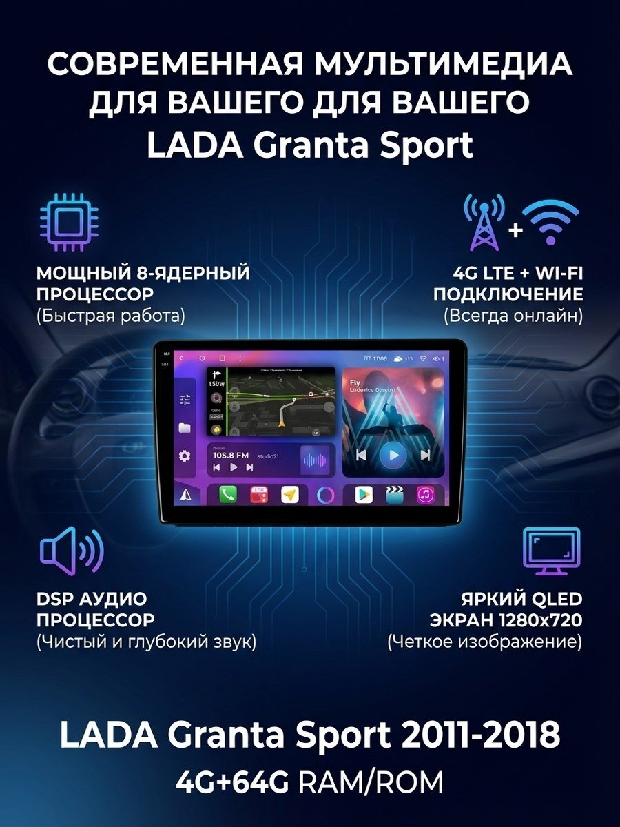 Штатная магнитола Лада Гранта Спорт (LADA Granta Sport) 2011-2018 на Android 14, WiFi + 4G, CarPlay