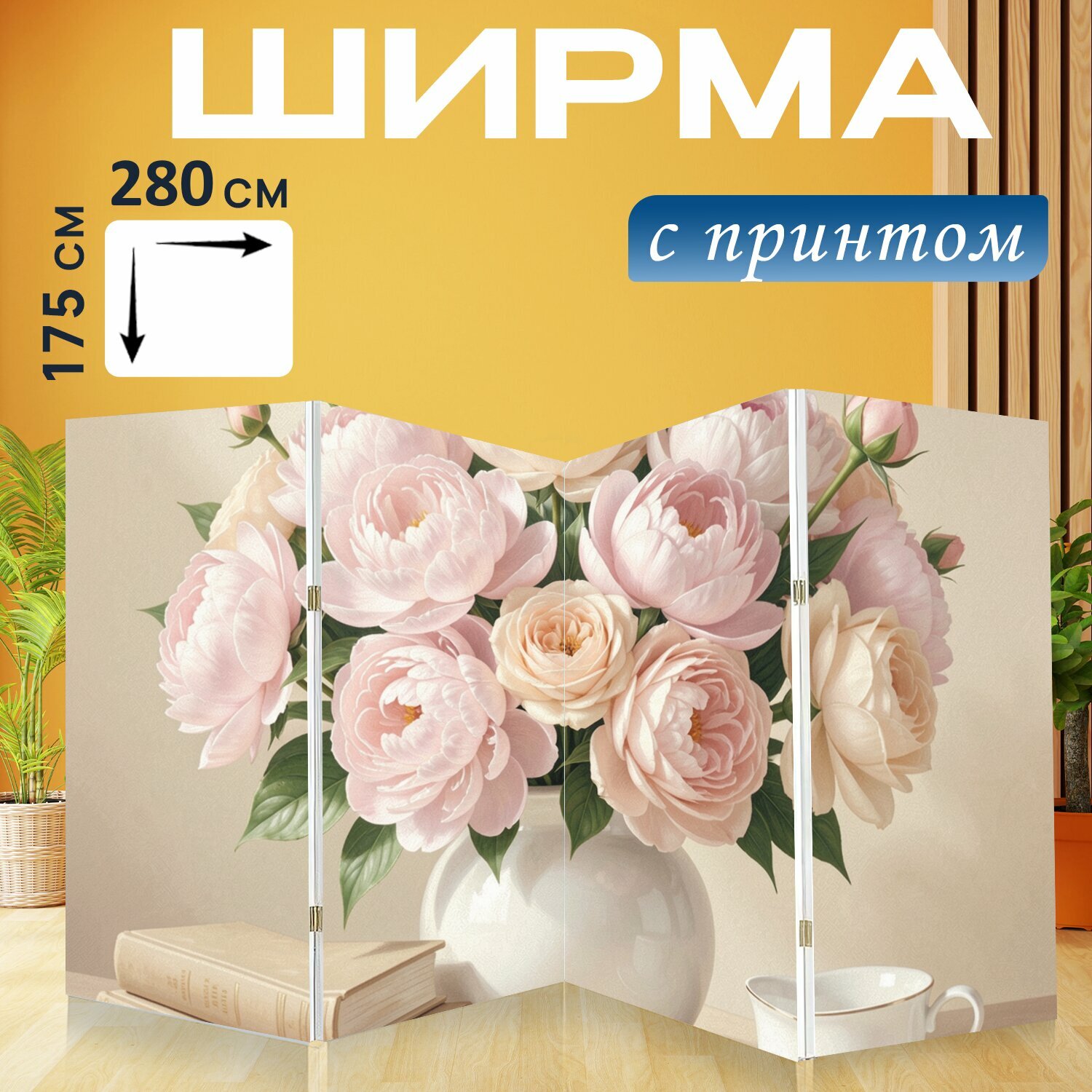 Ширма "Нежные цветы в вазе. Пышная композиция из пастельных бутонов в белой вазе на светлом столе, рядом." перегородка для зонирования комнаты с принтом 280x175 см. на холсте
