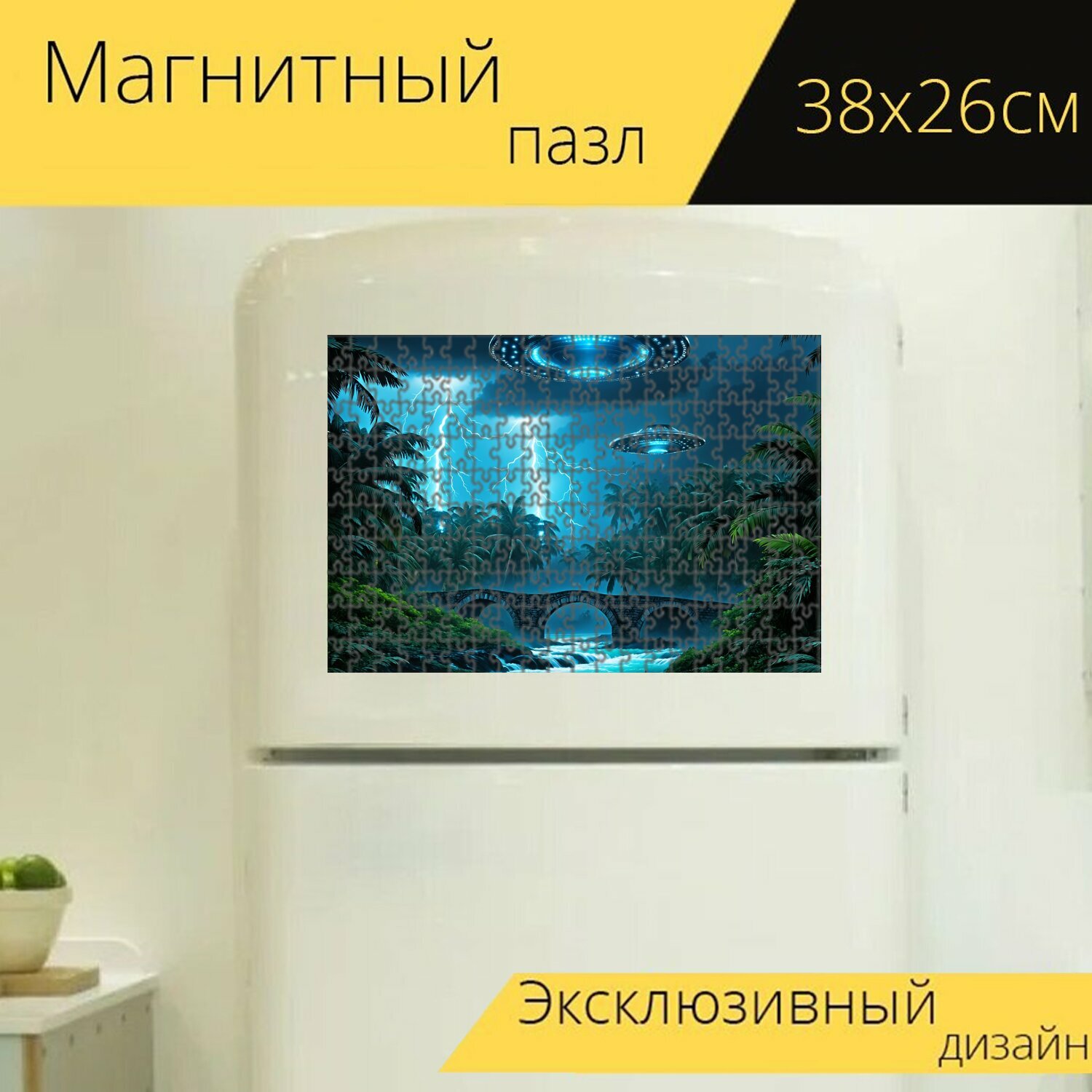 Магнитный пазл "Футуристическая сцена с тремя НЛО, парящими над тропическим лесом в яркую грозу. Мрачные облака, сверкающие молнии, и освещенные НЛО с." для интерьера, 38х26 см.