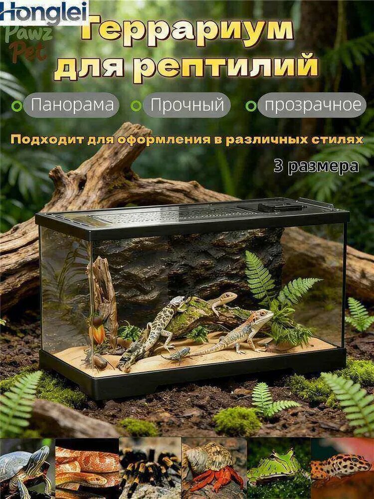 Террариум с крышкой для рептилий и амфибий: ящериц, змей, черепах, улиток, пауков. Прозрачный акриловый контейнер