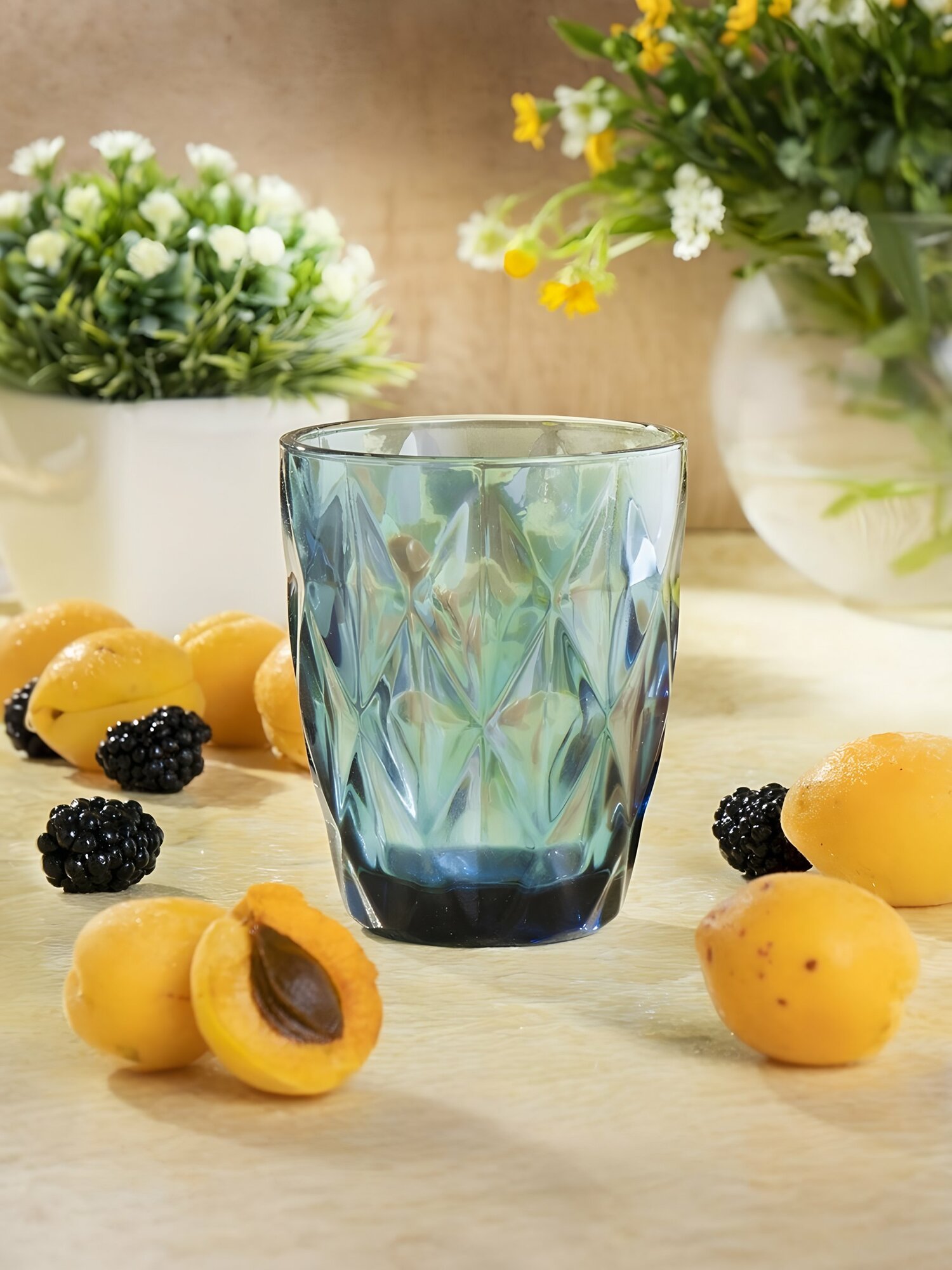 Стакан стеклянный 300 мл синий, низкий широкий рокс для воды, современный стиль, артикул 315585, коллекция Синий I.K.