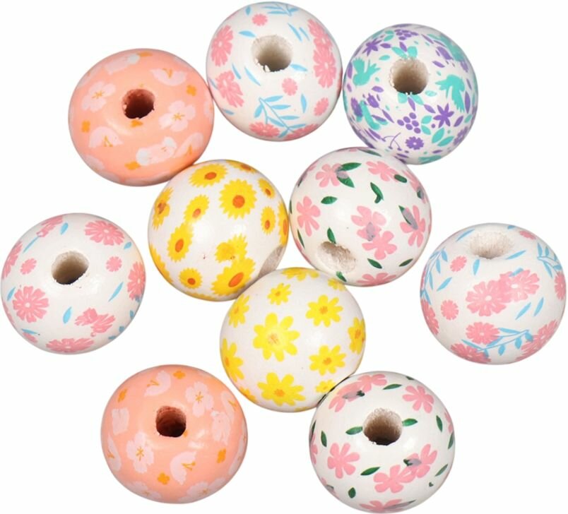 Бусины деревянные пришивные 16 мм "Ассорти цветочков" для творчества, набор бусинок для рукоделия и украшений, бусинки с рисунком - 10 штук