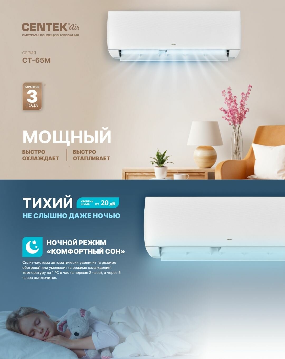 Сплит-система Centek CT-65M, Wi-Fi, режим "турбо", белый матовый