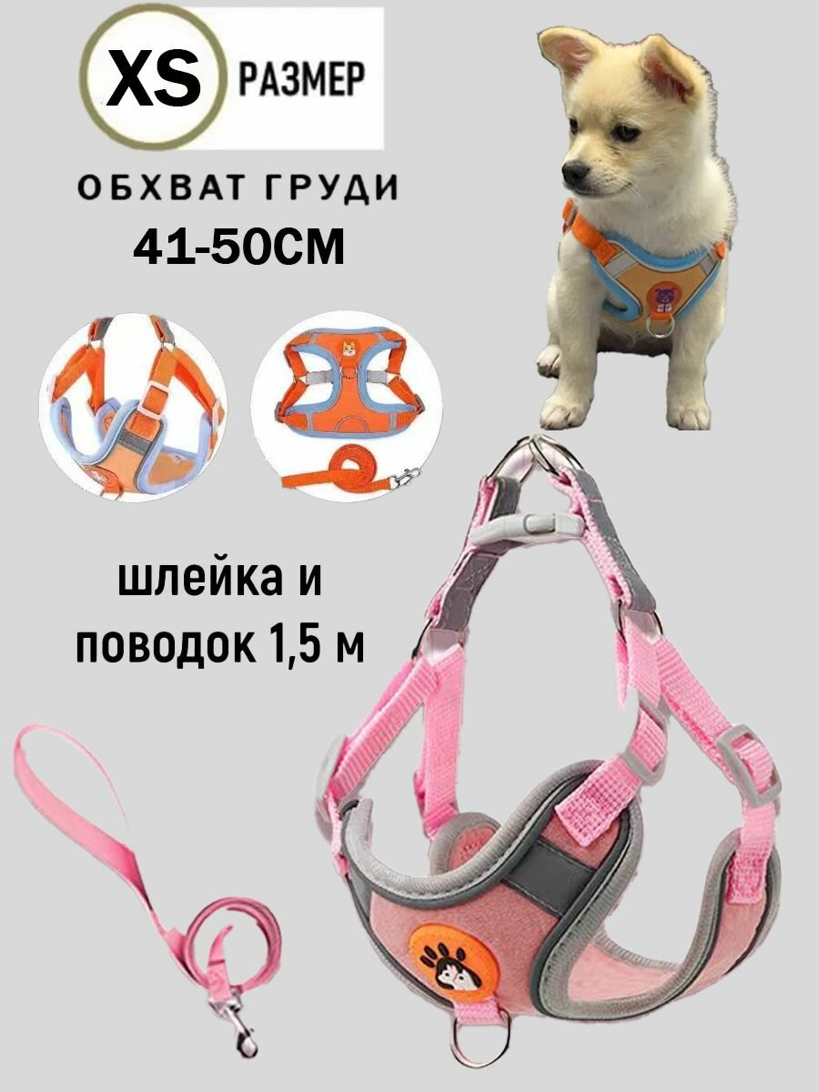Шлейка для кошек с поводком, собак мелких пород. XS. Обхват груди 41-50 см. розовый
