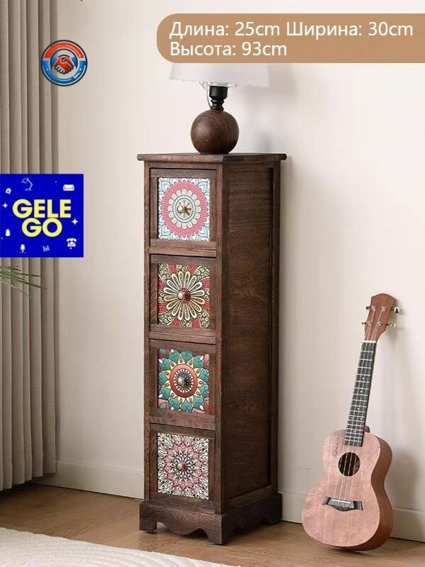 Комод деревянный в деревенском стиле Gele Go 25х30x93 см, разноцветные ящики, винтажный шкаф для хранения вещей, бохо мебель для прихожей, спальни, гостиной