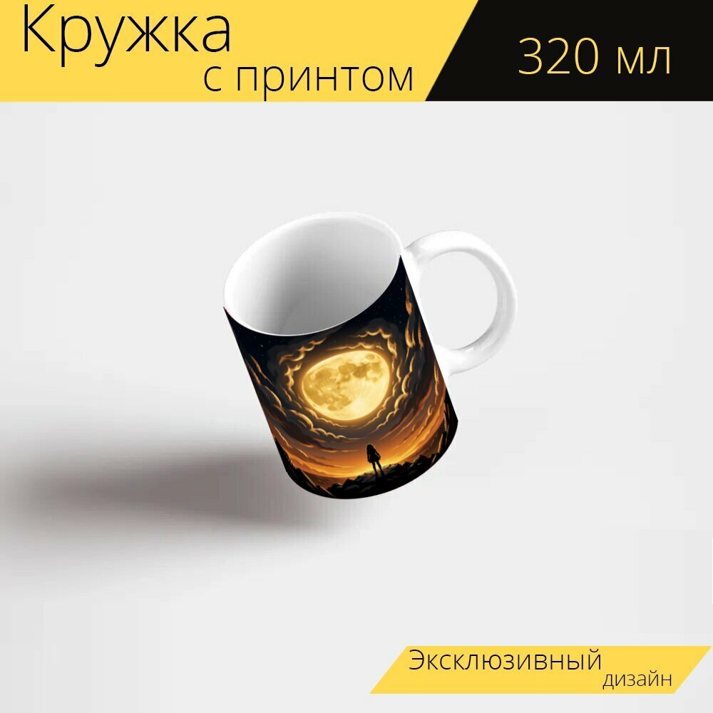 Кружка с рисунком, принтом "Девушка под огромной луной. Фантазийный ночной пейзаж с одинокой фигурой на скалах, сияющим небесным диском и драматичными облаками. Тёплые." 320 мл.
