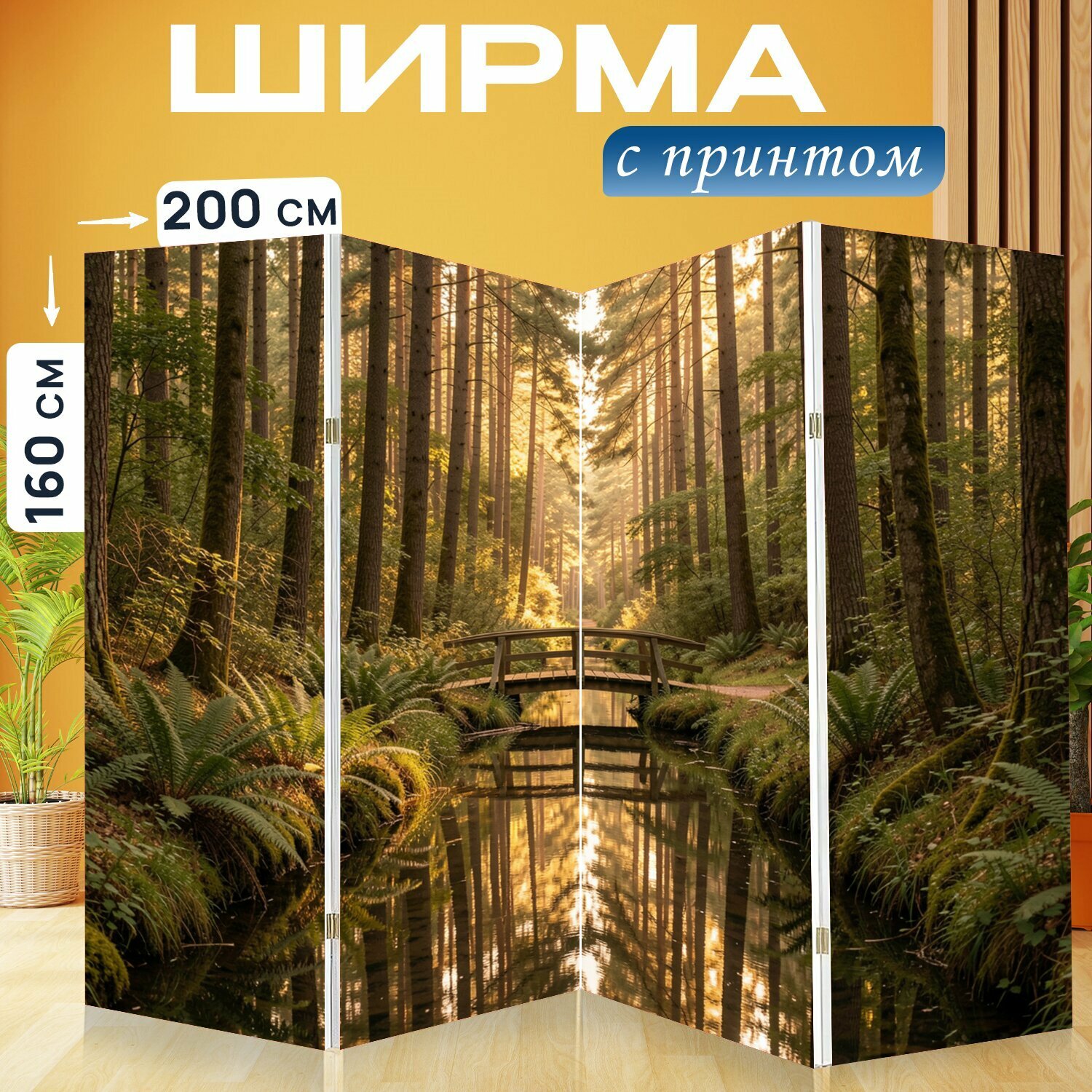 Ширма "Лесной мост над ручьём. Солнечная лесная тропа среди высоких сосен, деревянный переход через тихую." перегородка для зонирования комнаты с принтом 200x160 см. на холсте