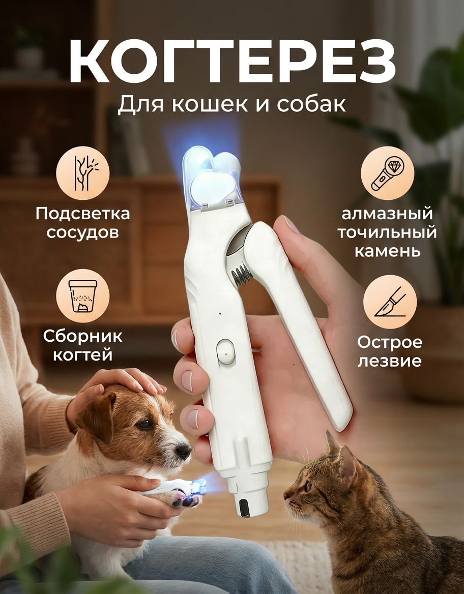 Когтерезка с подсветкой и контейнером для кошек и мелких-средних собак с ограничителем длины реза