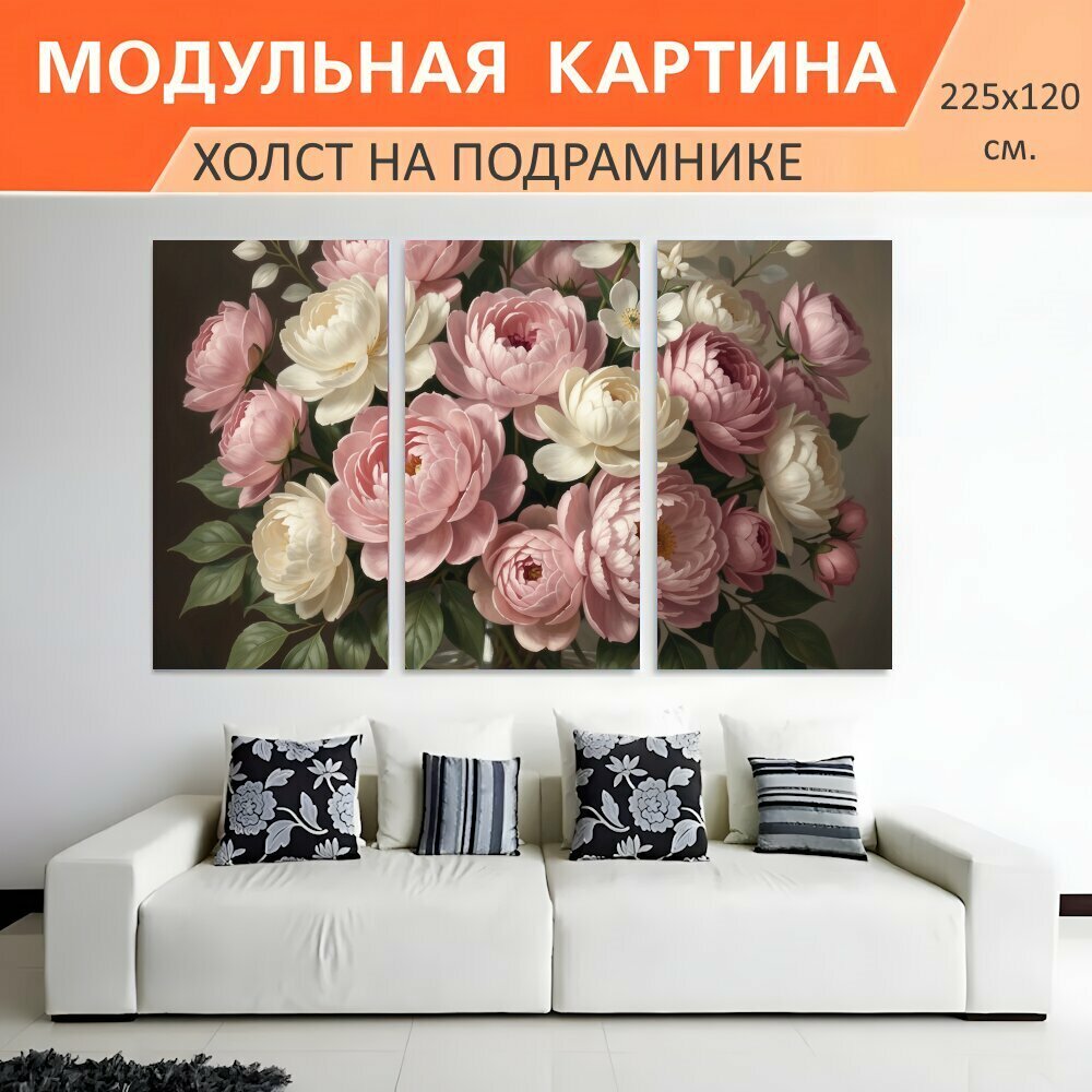 Модульная картина на холсте "Букет пионов в вазе. Нежная цветочная композиция в пастельных оттенках: пышные бутоны розового." триптих на подрамнике 225х120 см. для интерьера