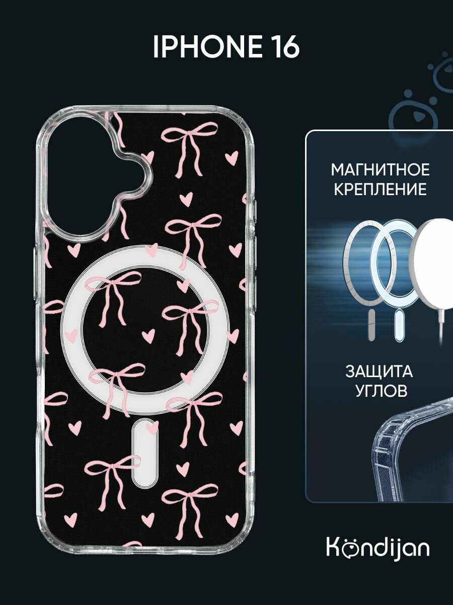Чехол на iPhone 16 с функцией magsafe, с рисунком, прозрачный, противоударный с принтом бантики / Айфон 16