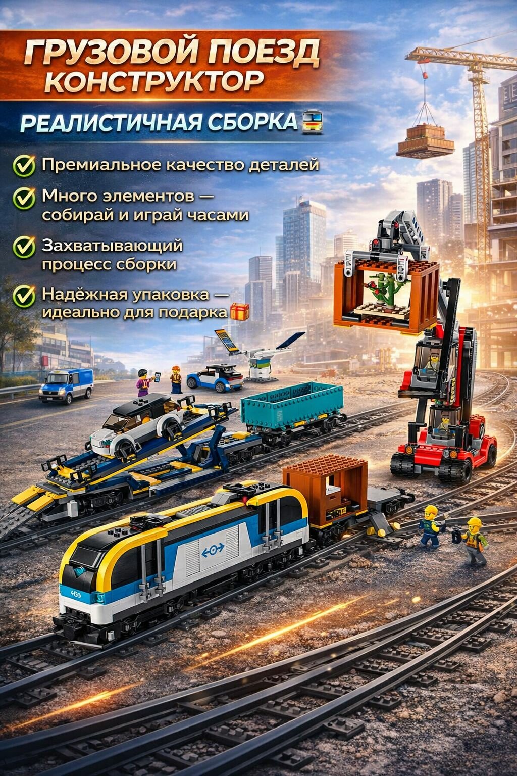 Конструктор город Trains Грузовой товарный поезд на радиоуправлении, 1153 детали, совместим с 60336 стройка