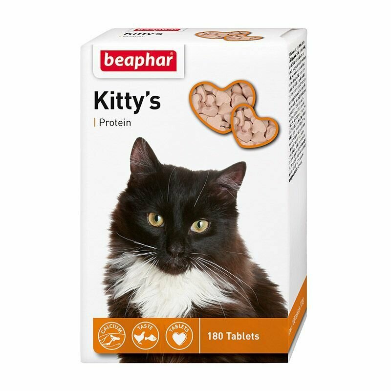 Витамины для кошек с протеином Beaphar Kittys+Protein сердечки, кормовая добавка, 180 т.