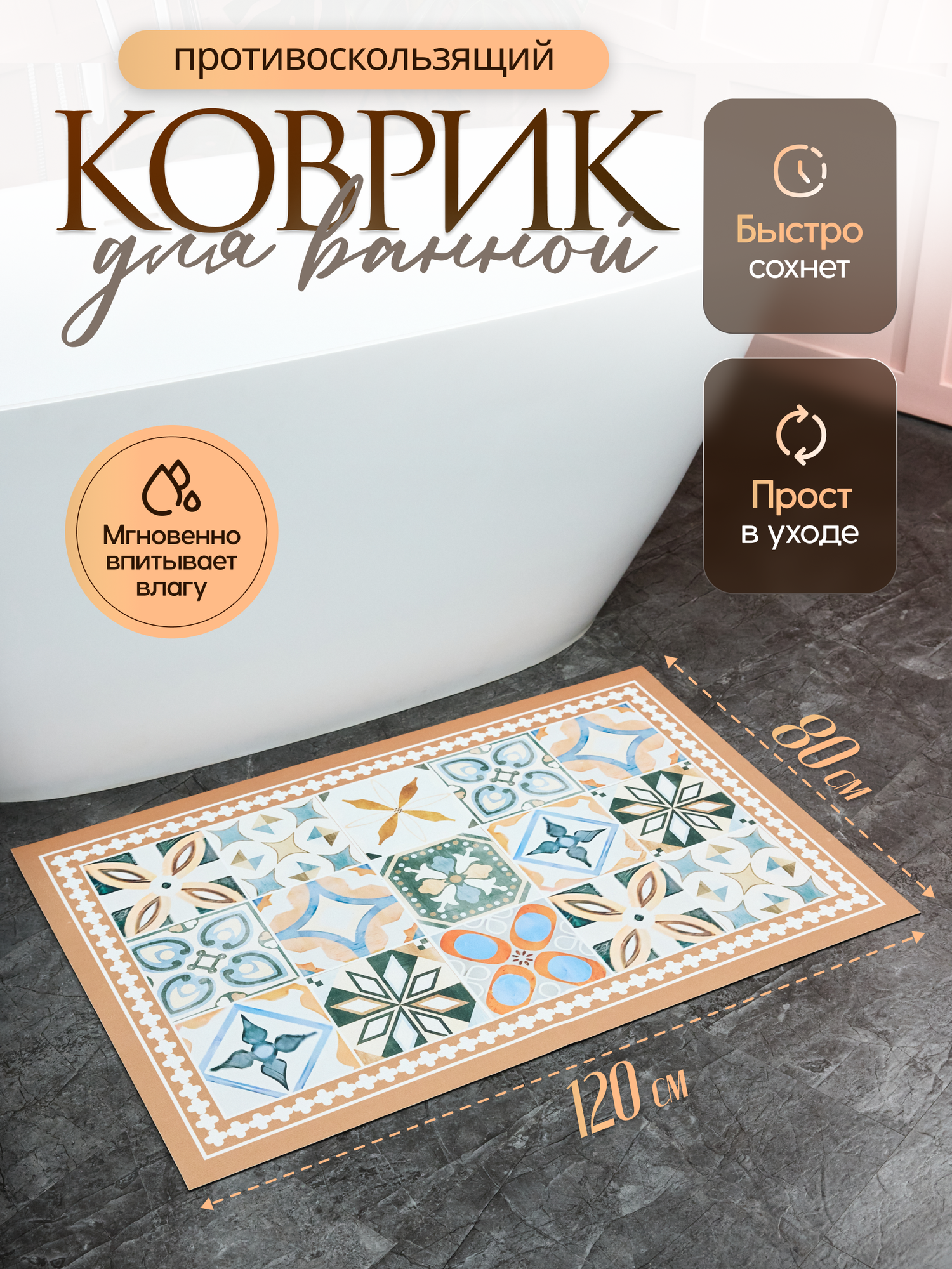 Коврик для ванной, противоскользящий, 80см x 120см, из искусственной кожи