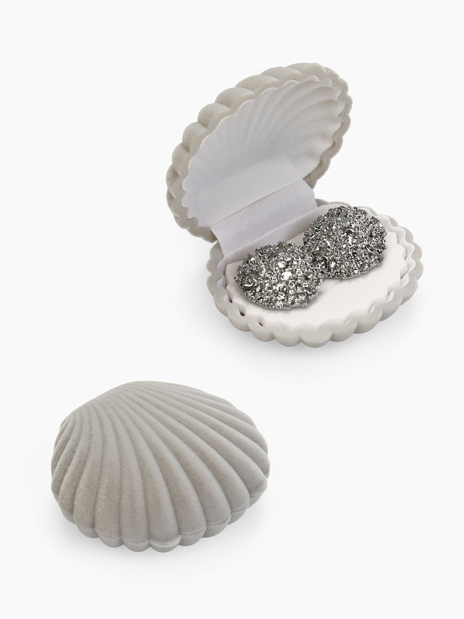 Футляр под кольцо, серьги "Ракушка", бархатный, 6x5.5 см, серый