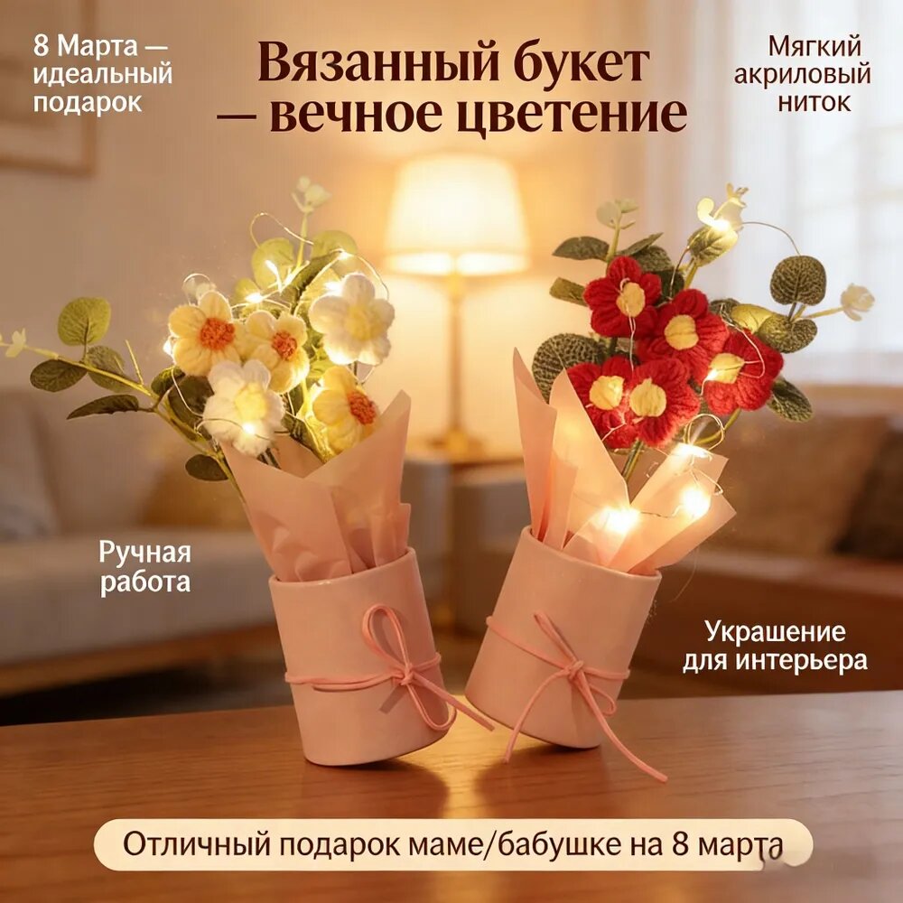 Вязаный букет из шерсти/имитация букета, подарок маме/бабушке на 8 марта, искусственные цветы ручной работы, Со светом,2 шт.