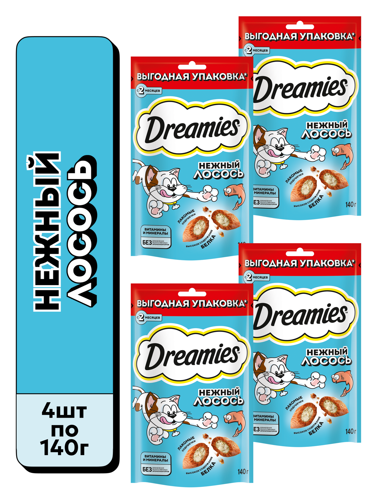 Лакомство DREAMIES для взрослых кошек с добавлением лосося, 4 пачки по 140 г